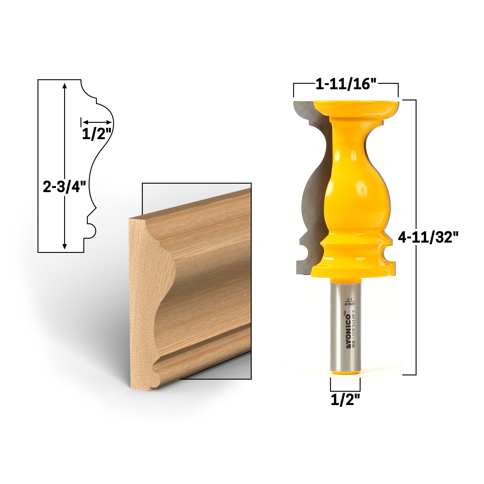 2-3/4" Chair Rail Molding Router Bit - 1/2" Shank - Yonico 16120