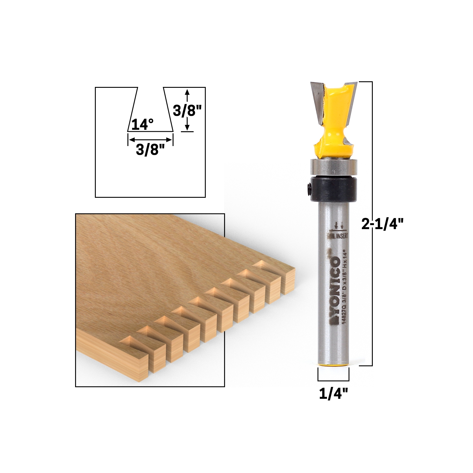 14° X 3/8" Dovetail Router Bit - 1/4" Shank - Yonico 14827q