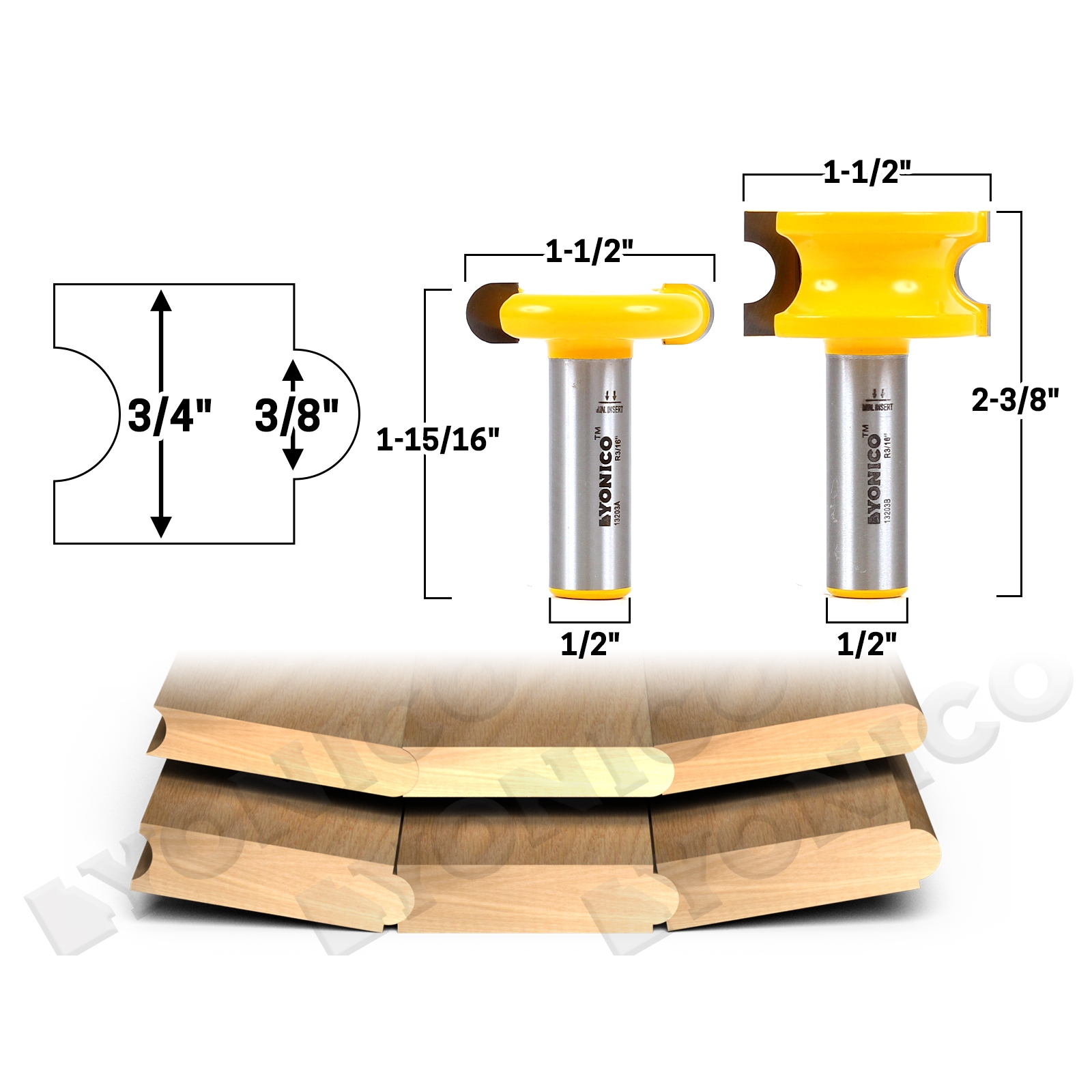 3/8" Bead 2 Bit Canoe Joint Router Bit Set - 1/2" Shank - Yonico 13203