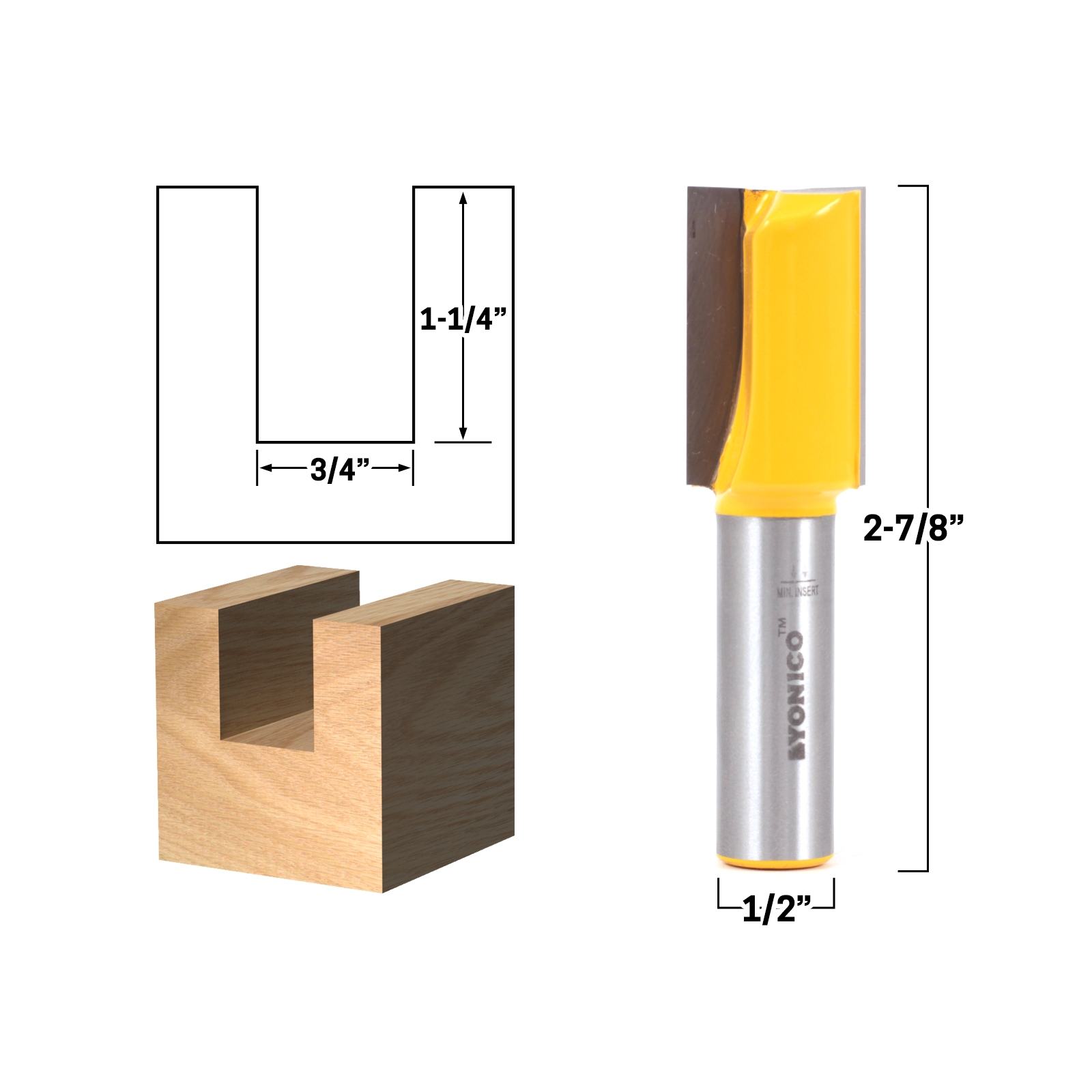 3/4" Diameter X 1-1/4" Height Straight Router Bit - 1/2" Shank - Yonico ...