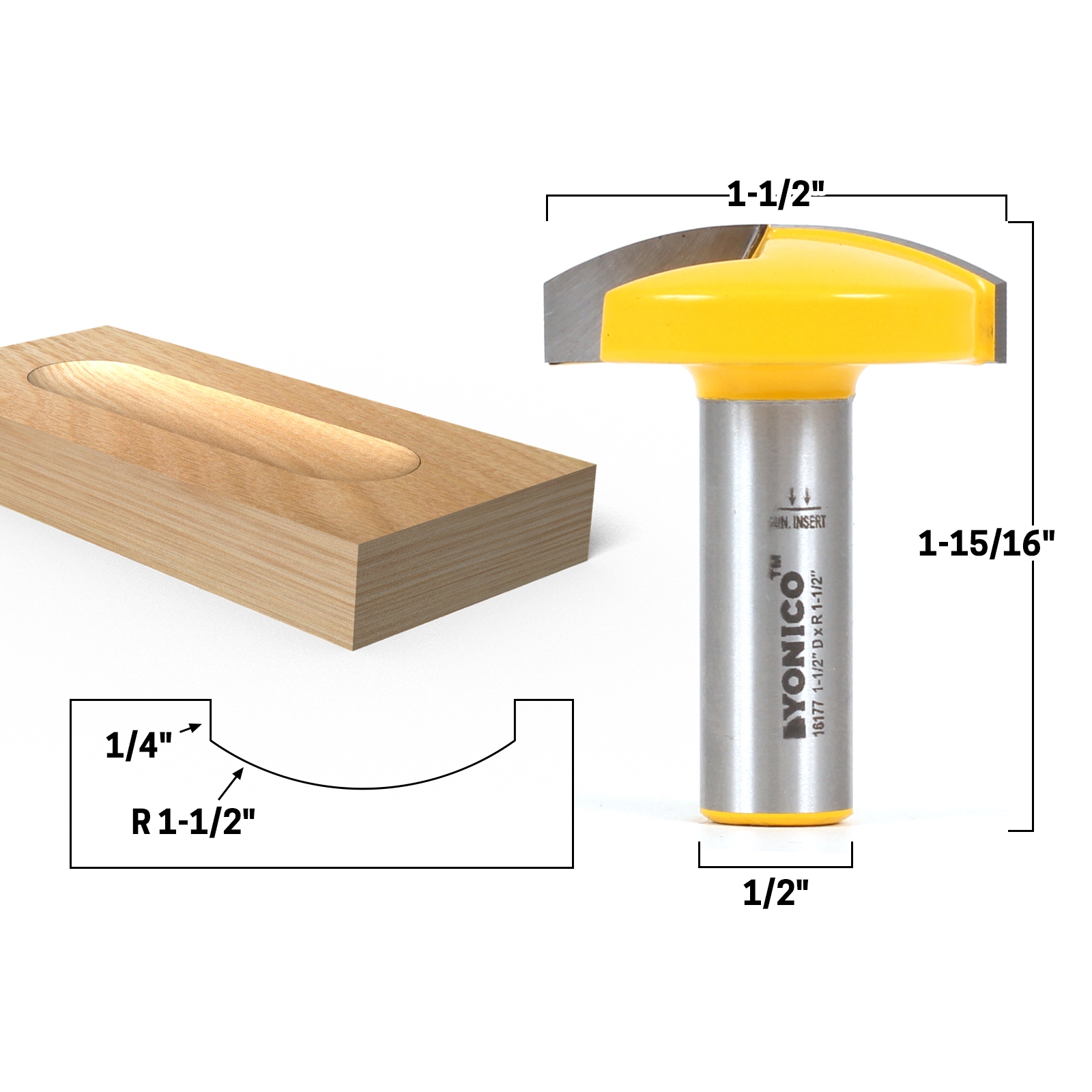 1-1/2" Radius Horizontal Crown Router Bit - 1/2" Shank - Yonico 16177