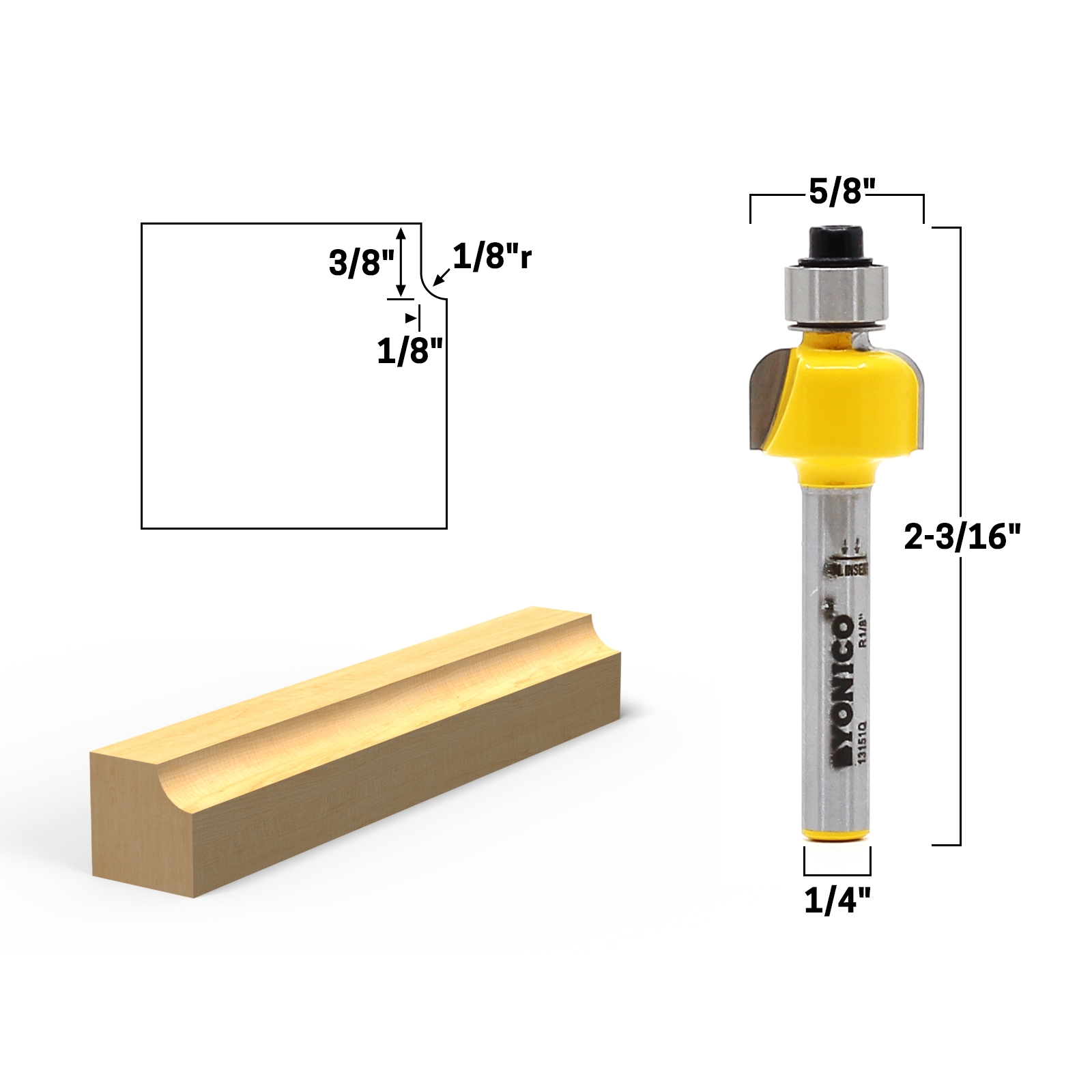 1/8" Radius Cove Edge Forming Router Bit - 1/4" Shank - Yonico 13151q